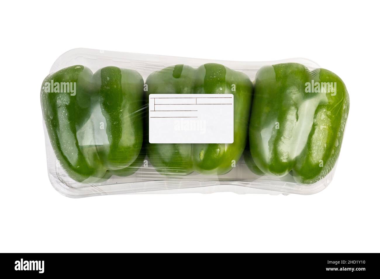 Packed and labeled green bell pepper on an isolated white background ...