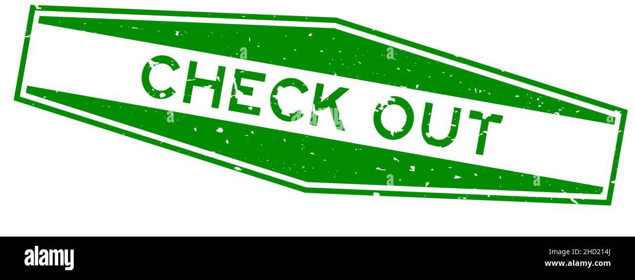 Grunge green check out word hexagon rubber seal stamp on white ...