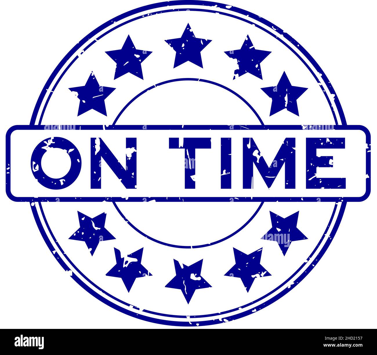 Grunge blue on time word with star icon round rubber seal stamp on ...