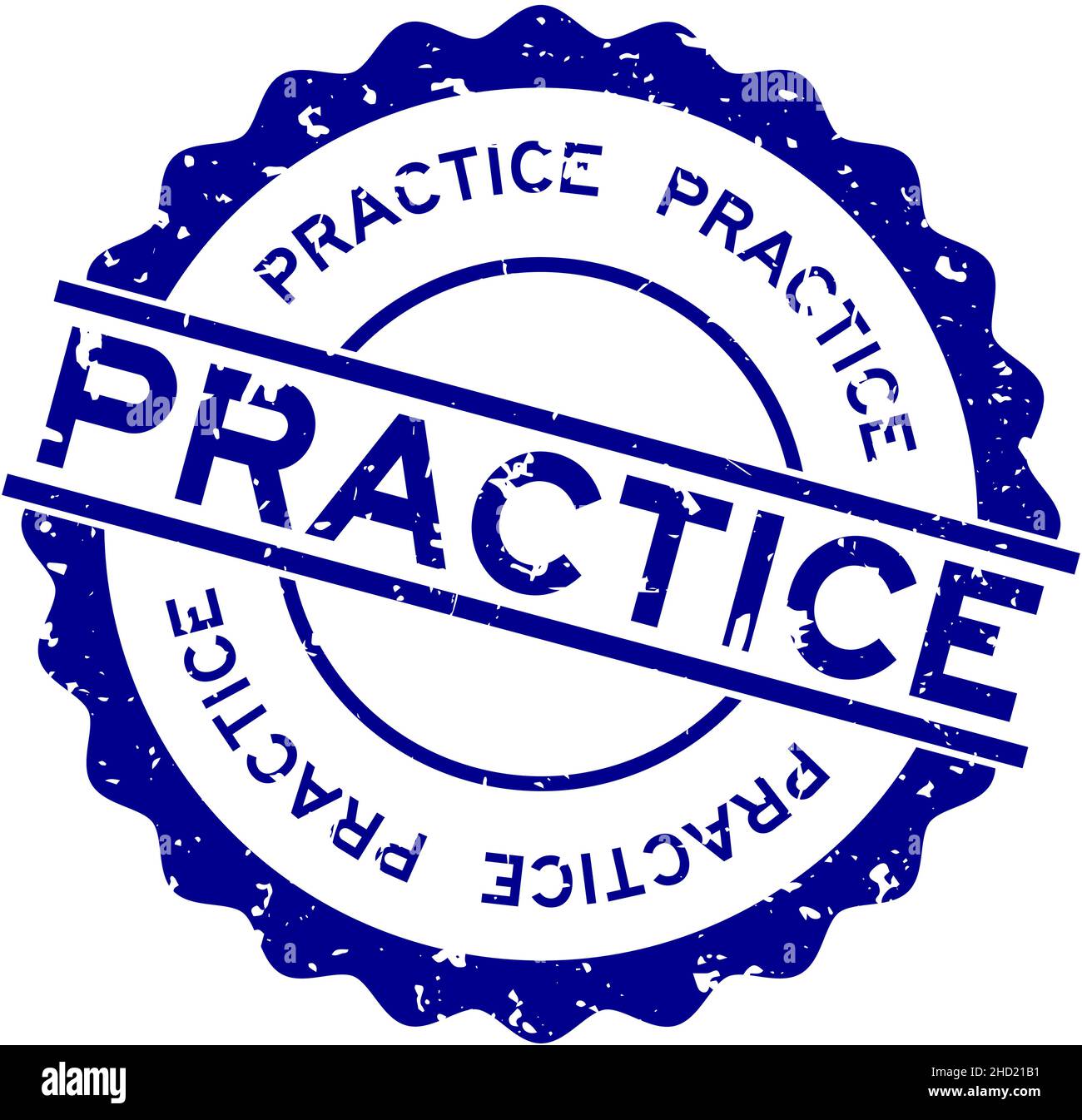 Grunge blue practice word round rubber seal stamp on white background ...