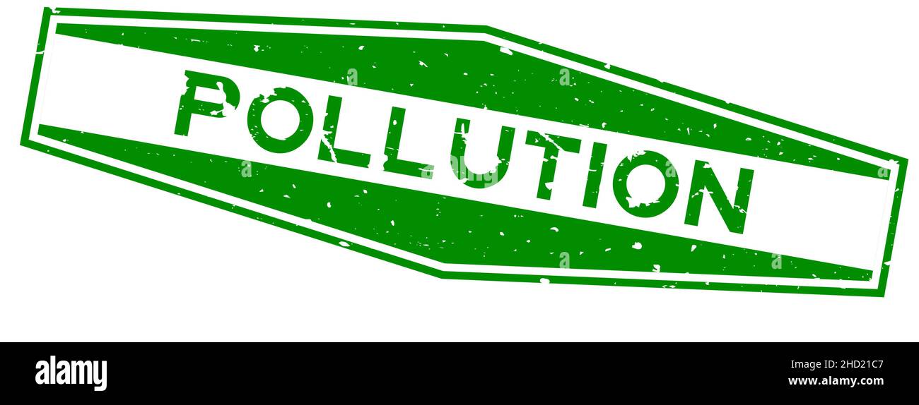 Grunge green pollution word hexagon rubber seal stamp on white ...