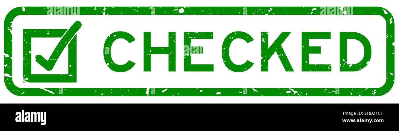 Grunge green checked word with check mark icon square rubber seal stamp ...