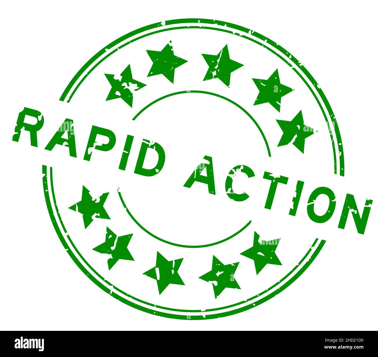 Grunge green rapid action word with star icon round rubber seal stamp on white background Stock ...