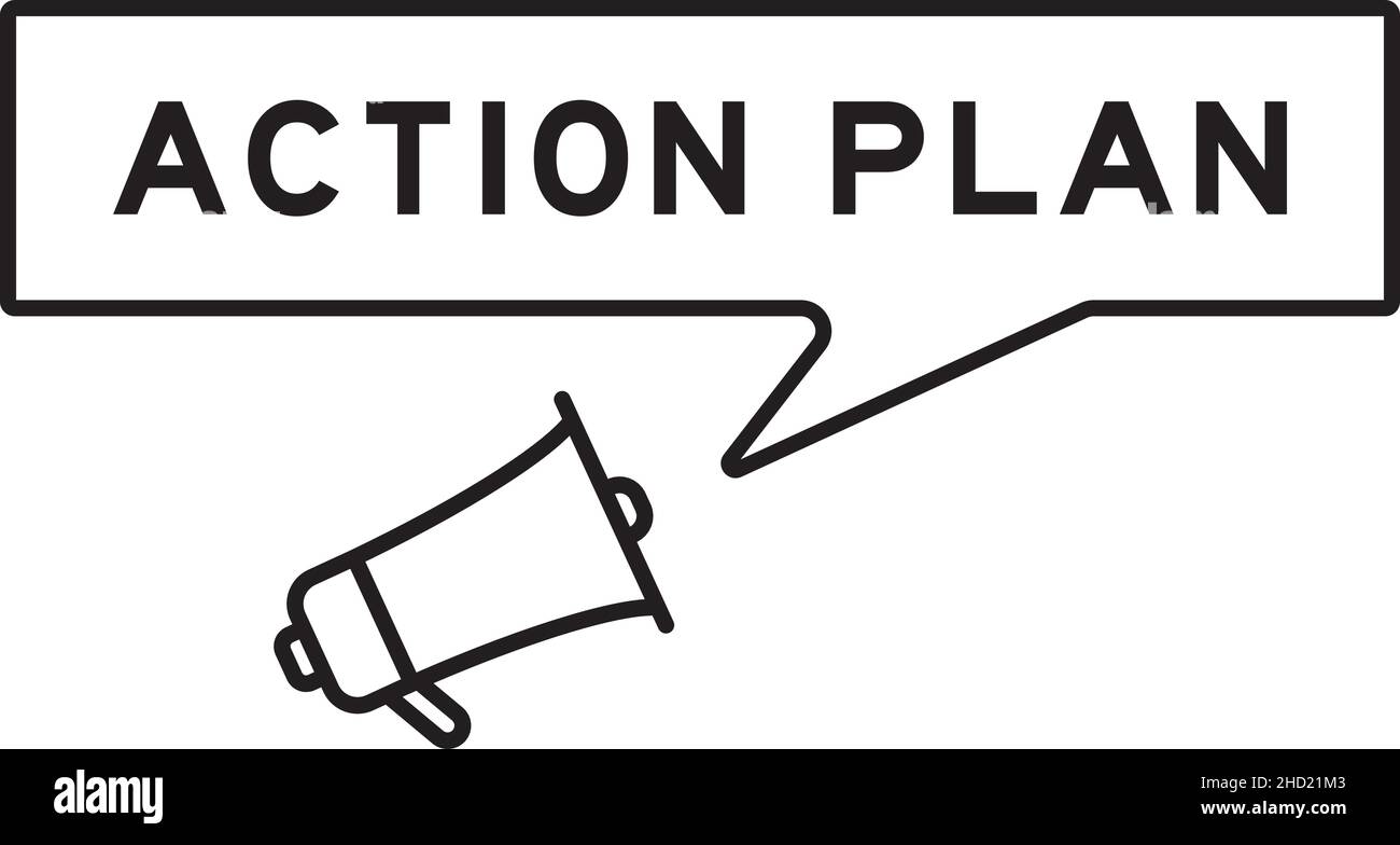 Megaphone icon with speech bubble in word action plan on white ...