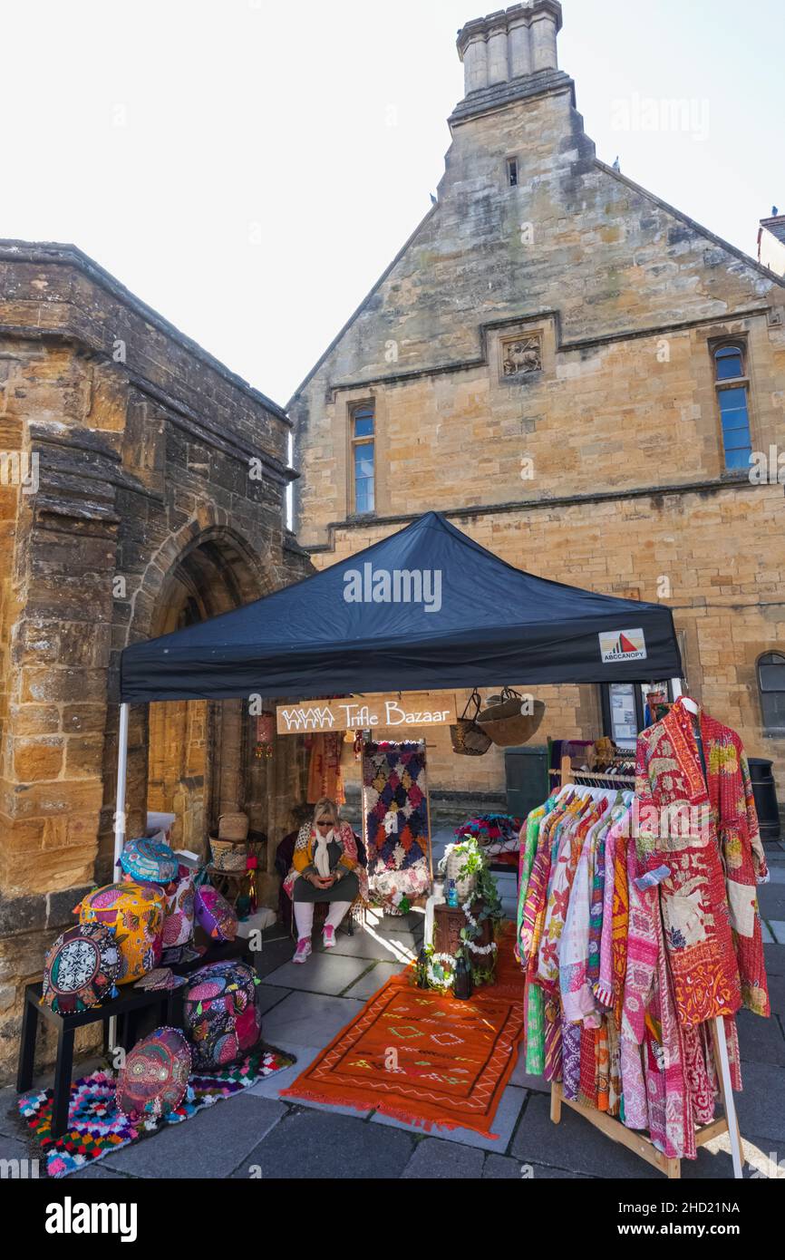 England, Dorset, Sherborne, Colourful Market Day Stall and The Conduit ...