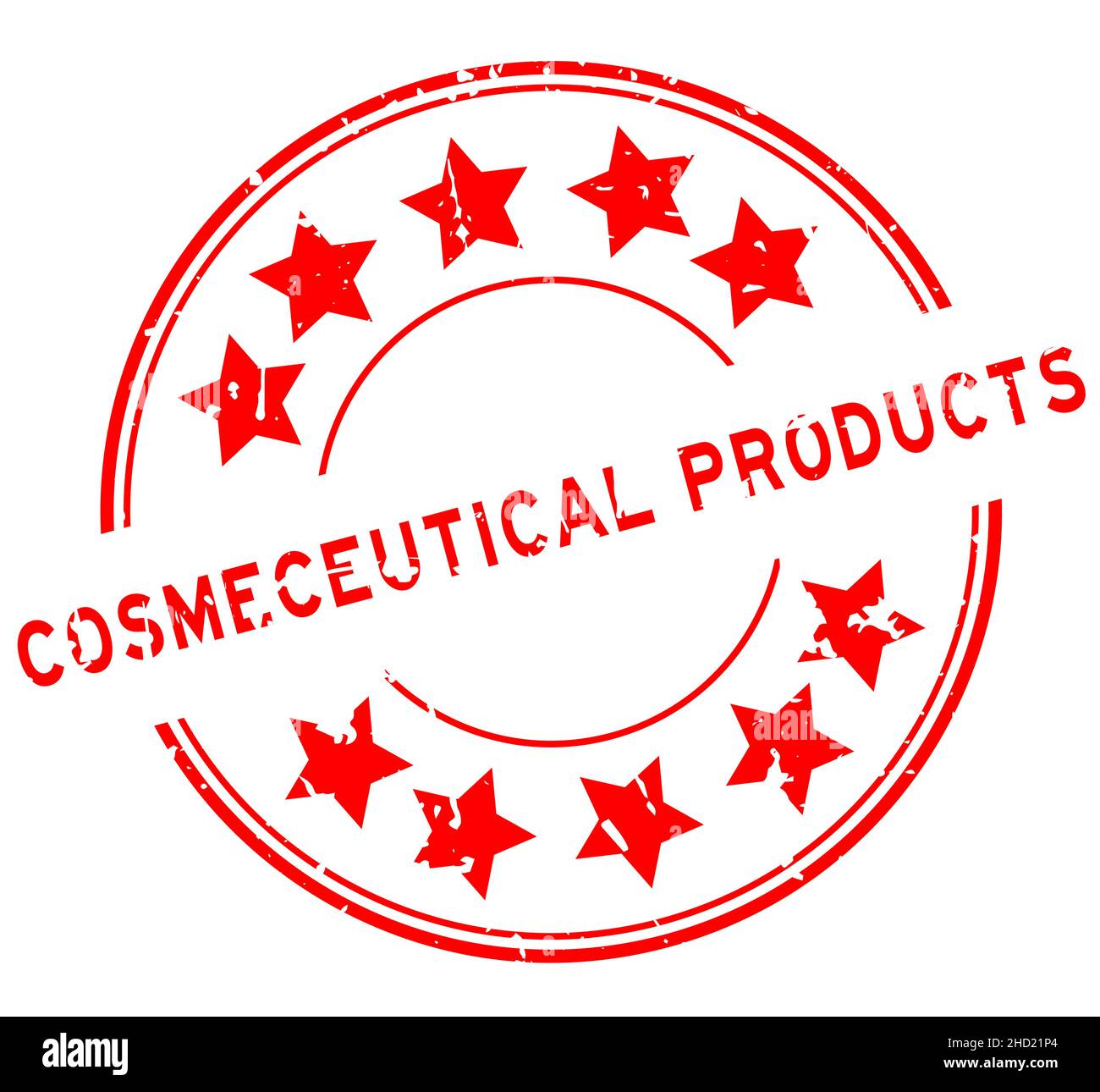 Grunge red cosmeceutical products word with star icon round rubber seal ...
