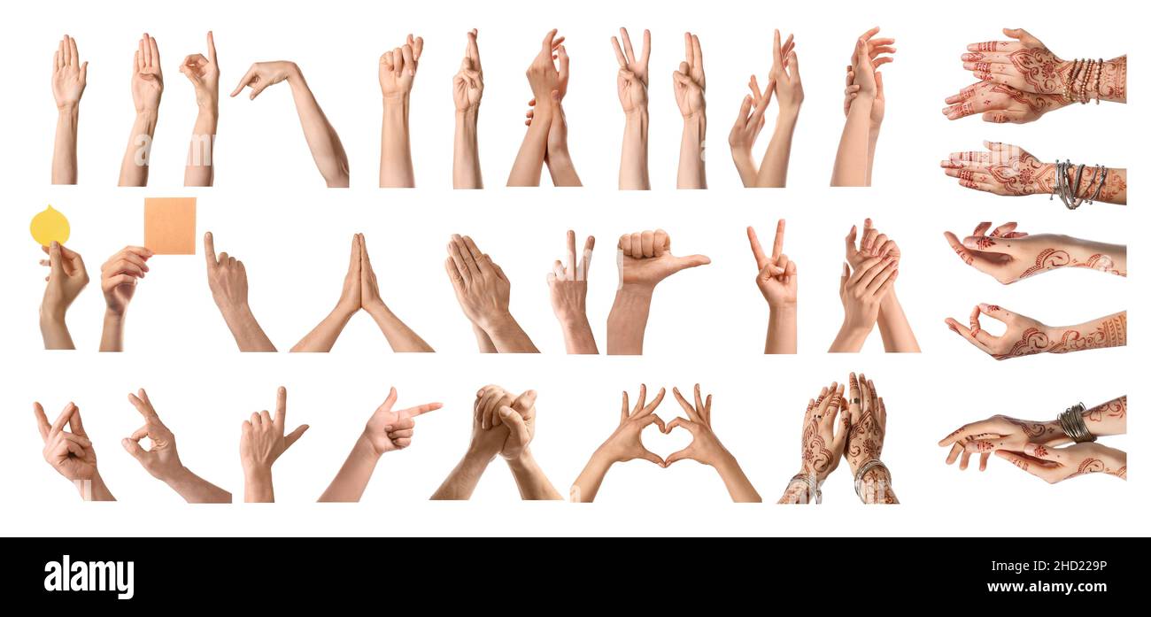 Collage of hands on white background Stock Photo - Alamy