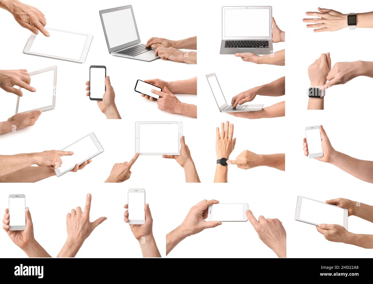 Hands with different modern devices on white background Stock Photo - Alamy