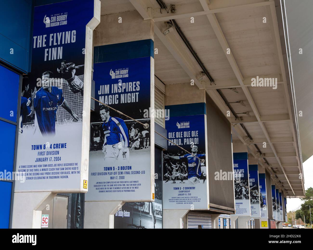 Banners celebrating Ipswich Town football club history, Sir Bobby ...