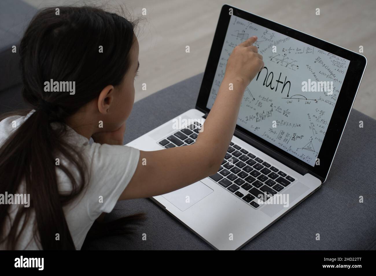 little girl studying with computer, little girl with laptop online ...