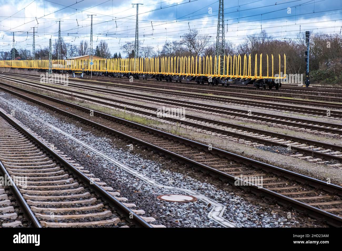 Empty transport wagons standing on a track Stock Photo - Alamy