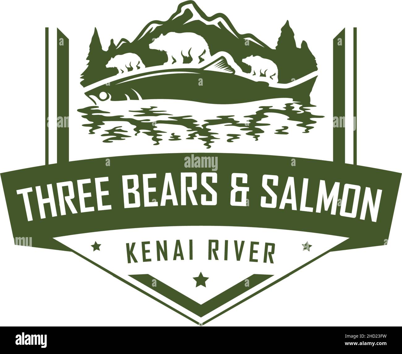 Simple colored THREE BEARS AND SALMON logo design Stock Vector Image ...