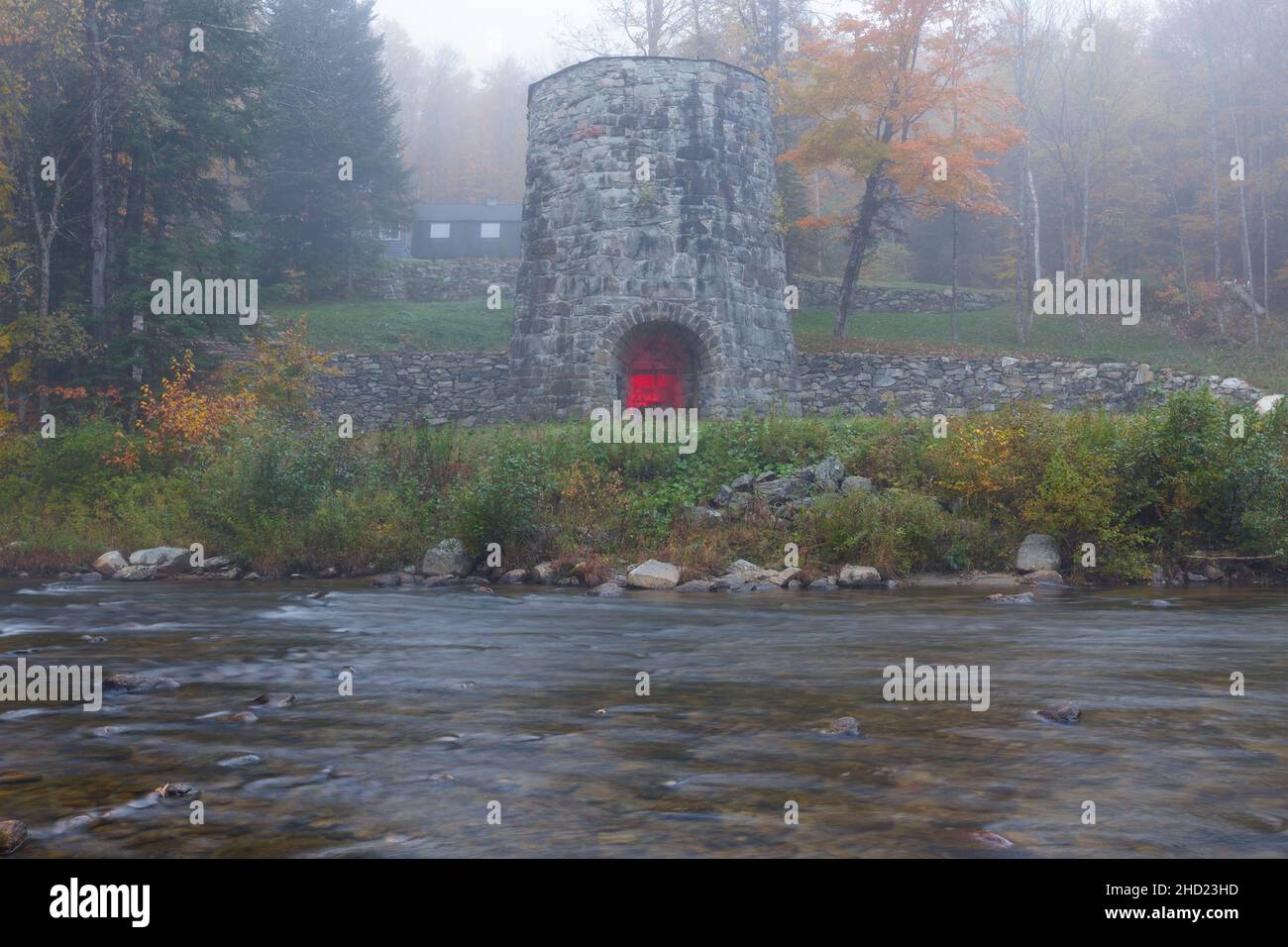 Stone Iron Furnace in Franconia, New Hampshire on an early foggy autumn ...