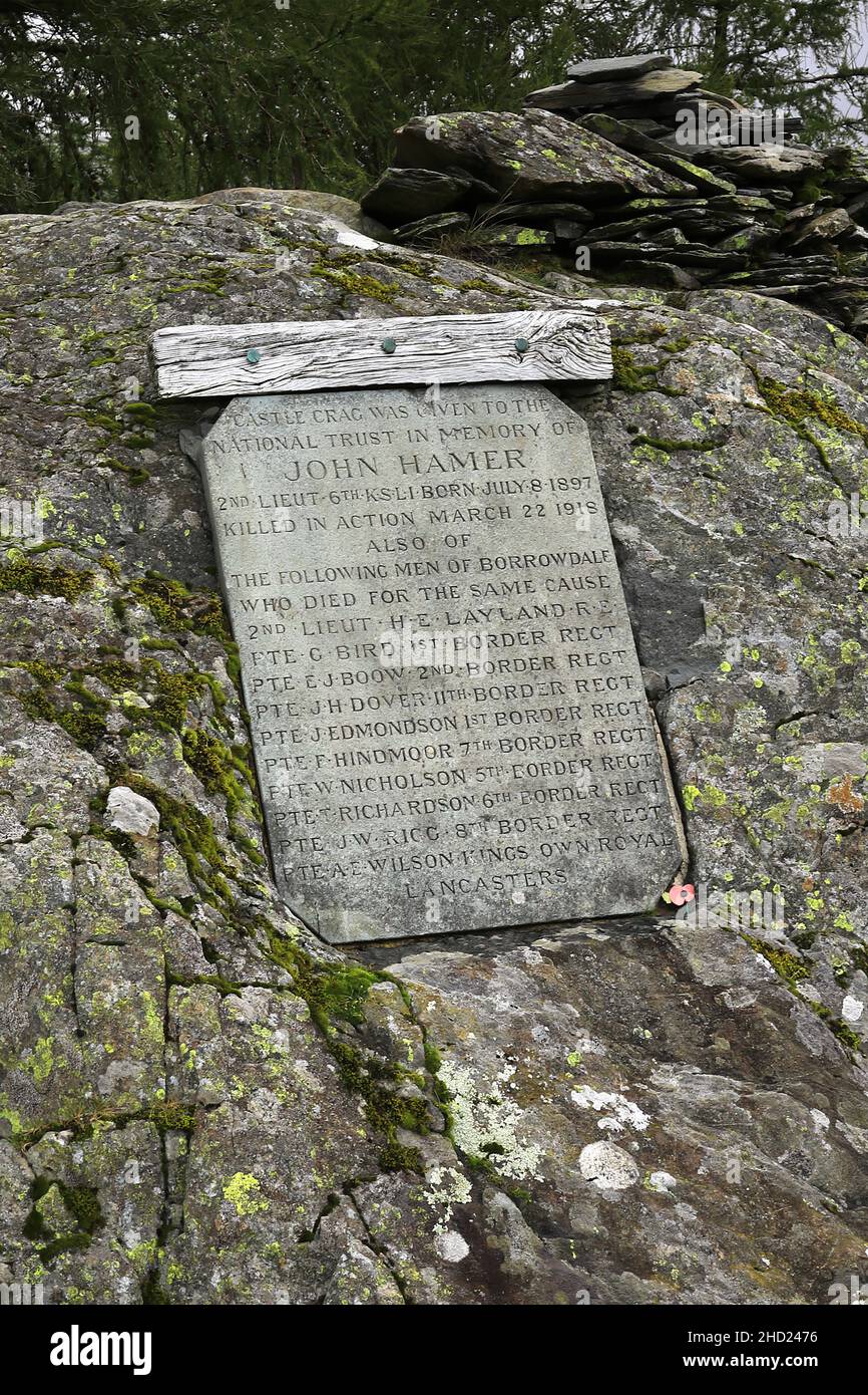 The War Memorial on the summit cairn on Castle Crag fell, Borrowdale ...