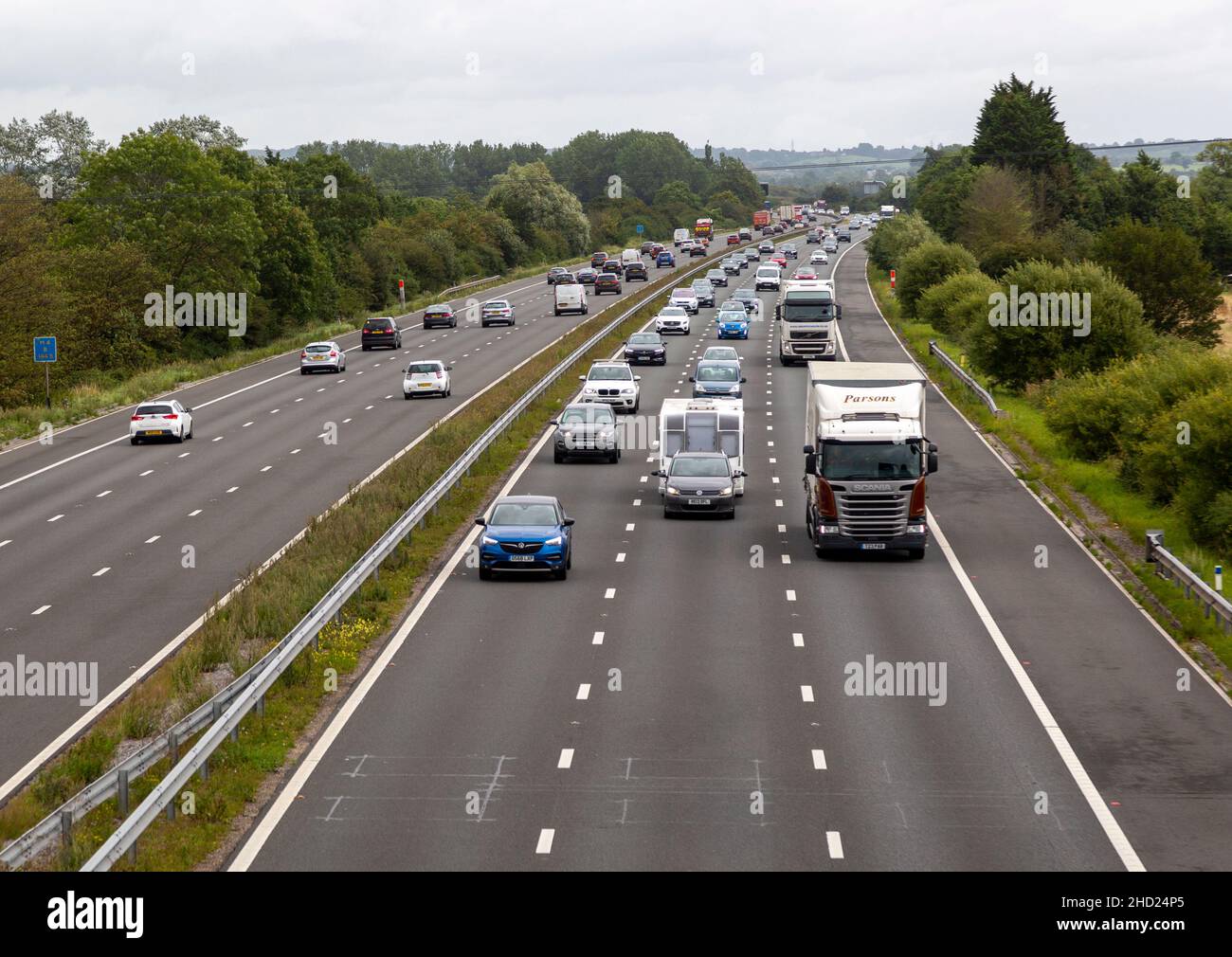 Traffic vehicles driving M4 motorway view east from near Dauntsey ...