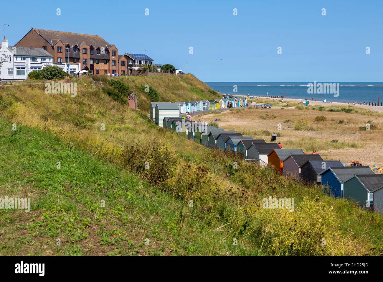 Coastline in summer sandy beach and beach huts, Pakefield, Lowestoft ...