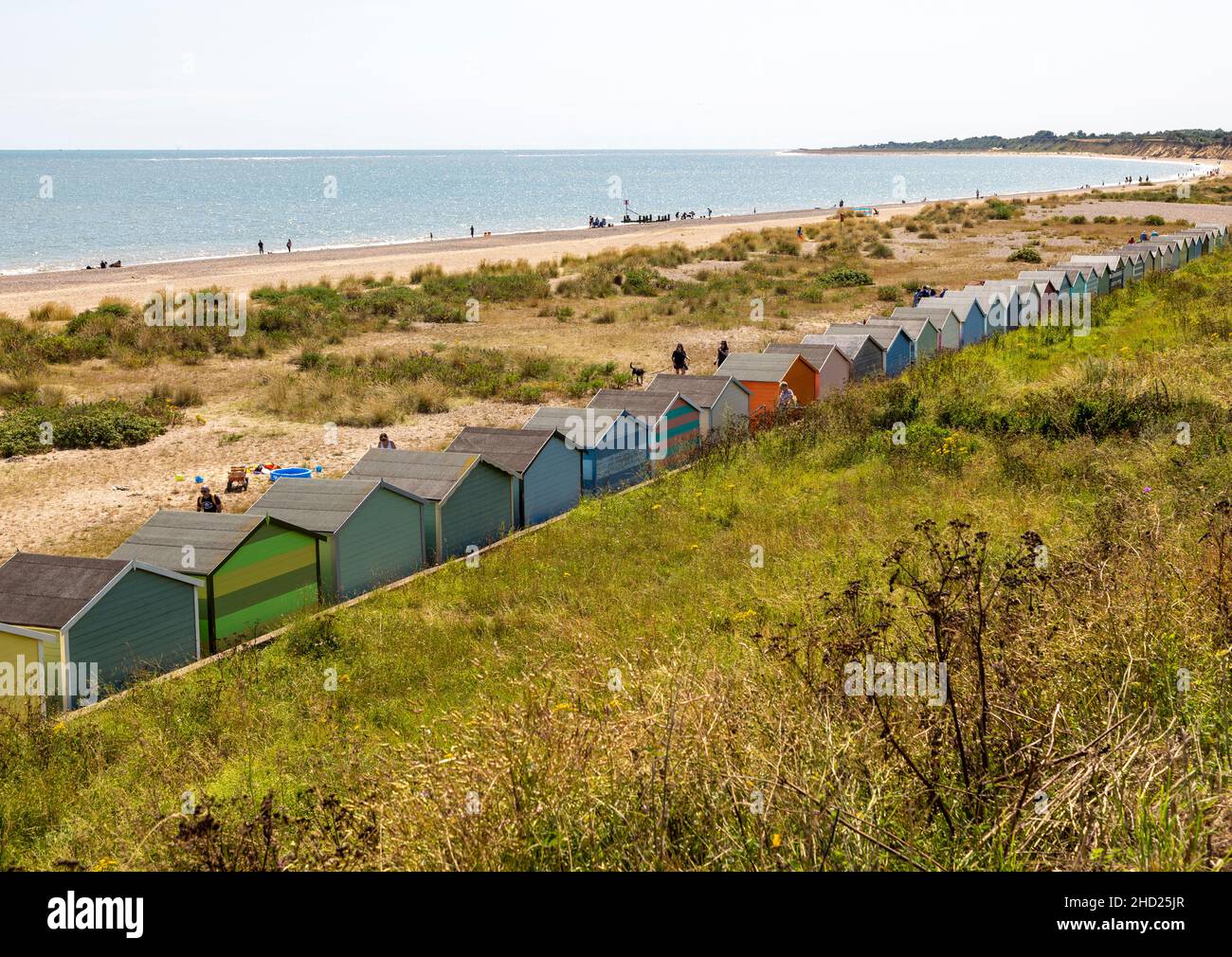 Coastline in summer sandy beach and beach huts, Pakefield, Lowestoft ...