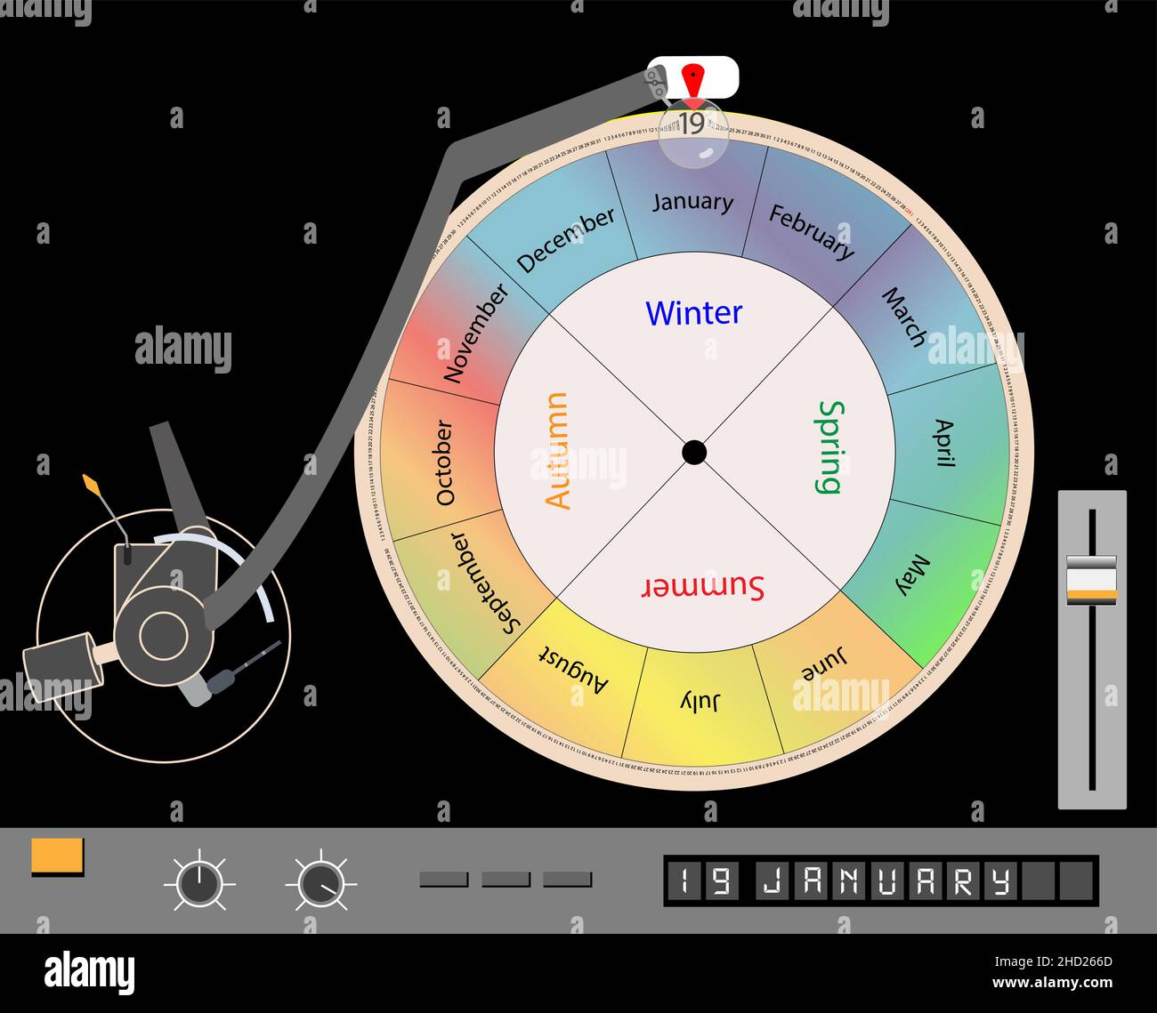 Creative illustration of a vinyl record player. Vinyl disc in the form ...