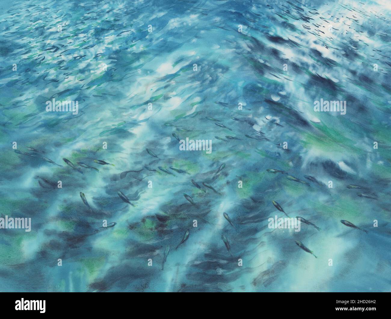 Blue lagoon water ripples with fish watercolor background Stock Photo ...