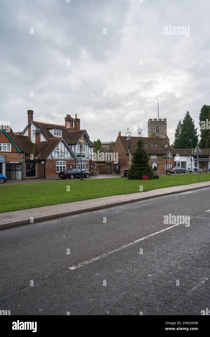 People out and about in Chalfont St. Giles village. Festive decorations ...