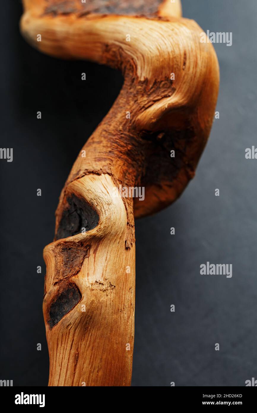 Textured curved Wooden snag of brown color with texture on a black ...