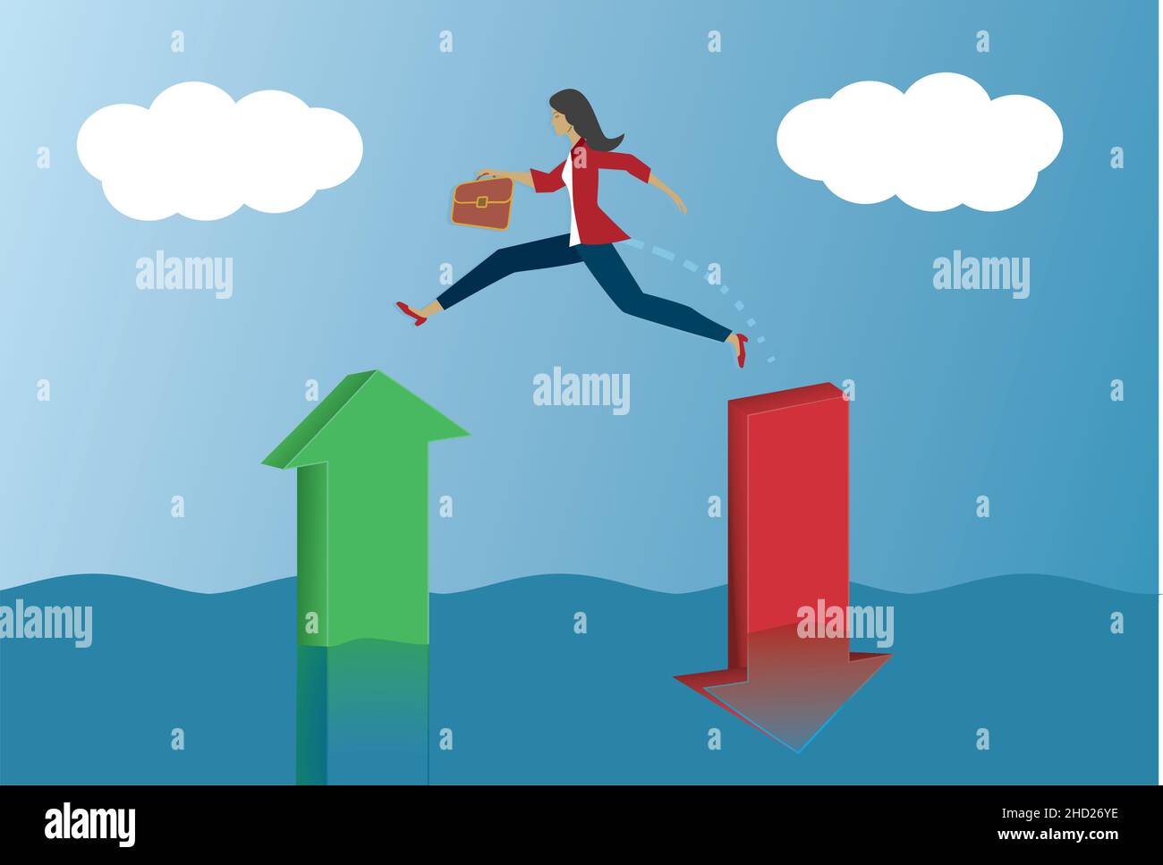 Woman jumping to better chance. Vector illustration. Dimension 16:9 ...