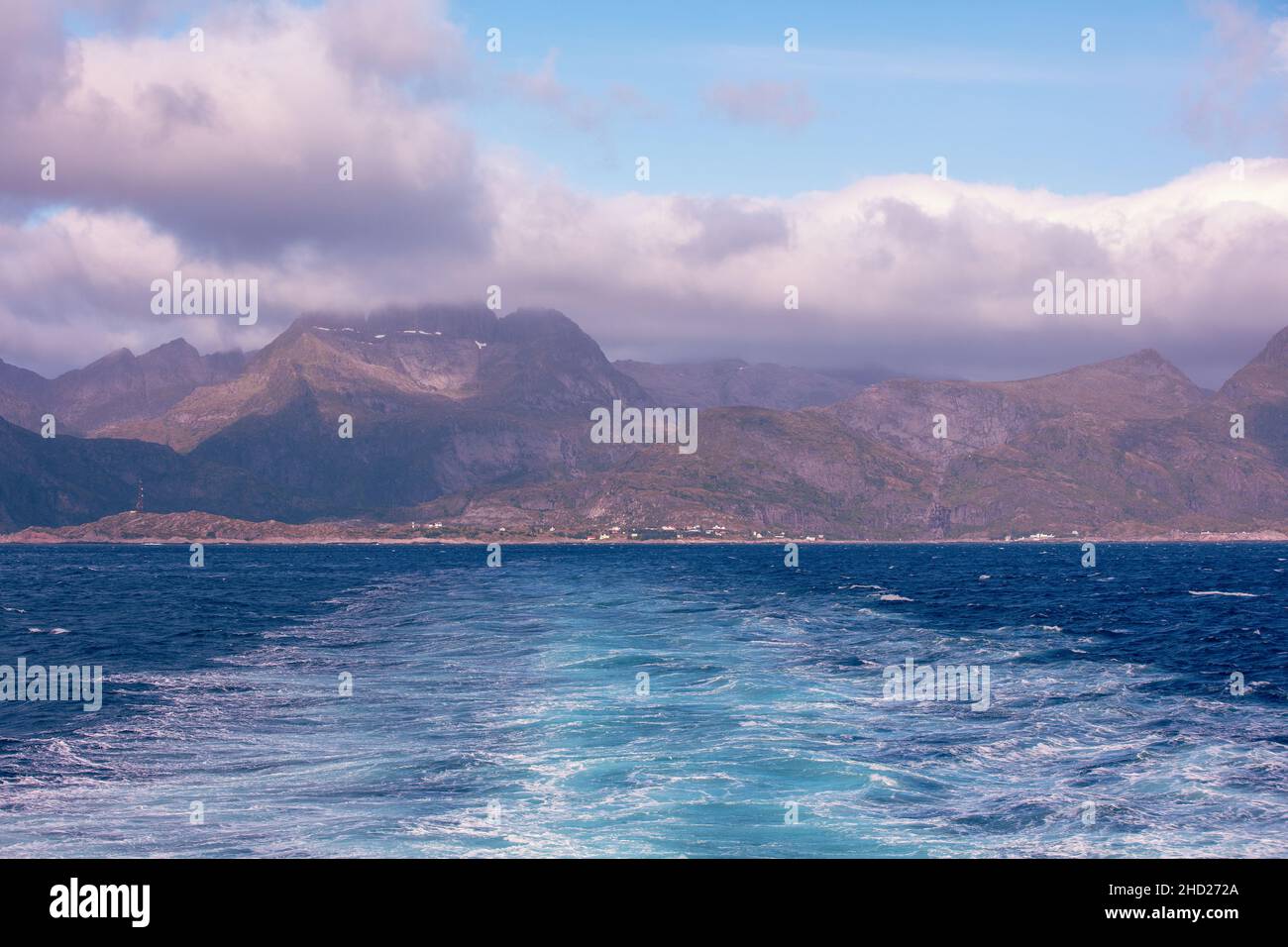 View from the stern of the Moskenes-Bodo ferry to Moskenes. Lofoten ...