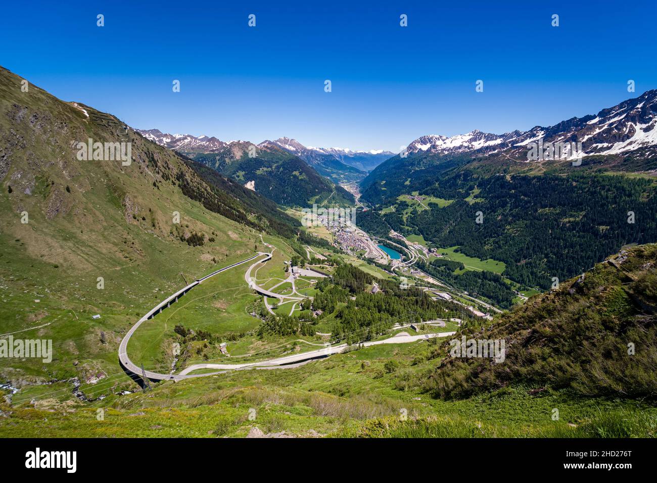 Aerial view of the town Airolo and parts of the pass street, seen from ...