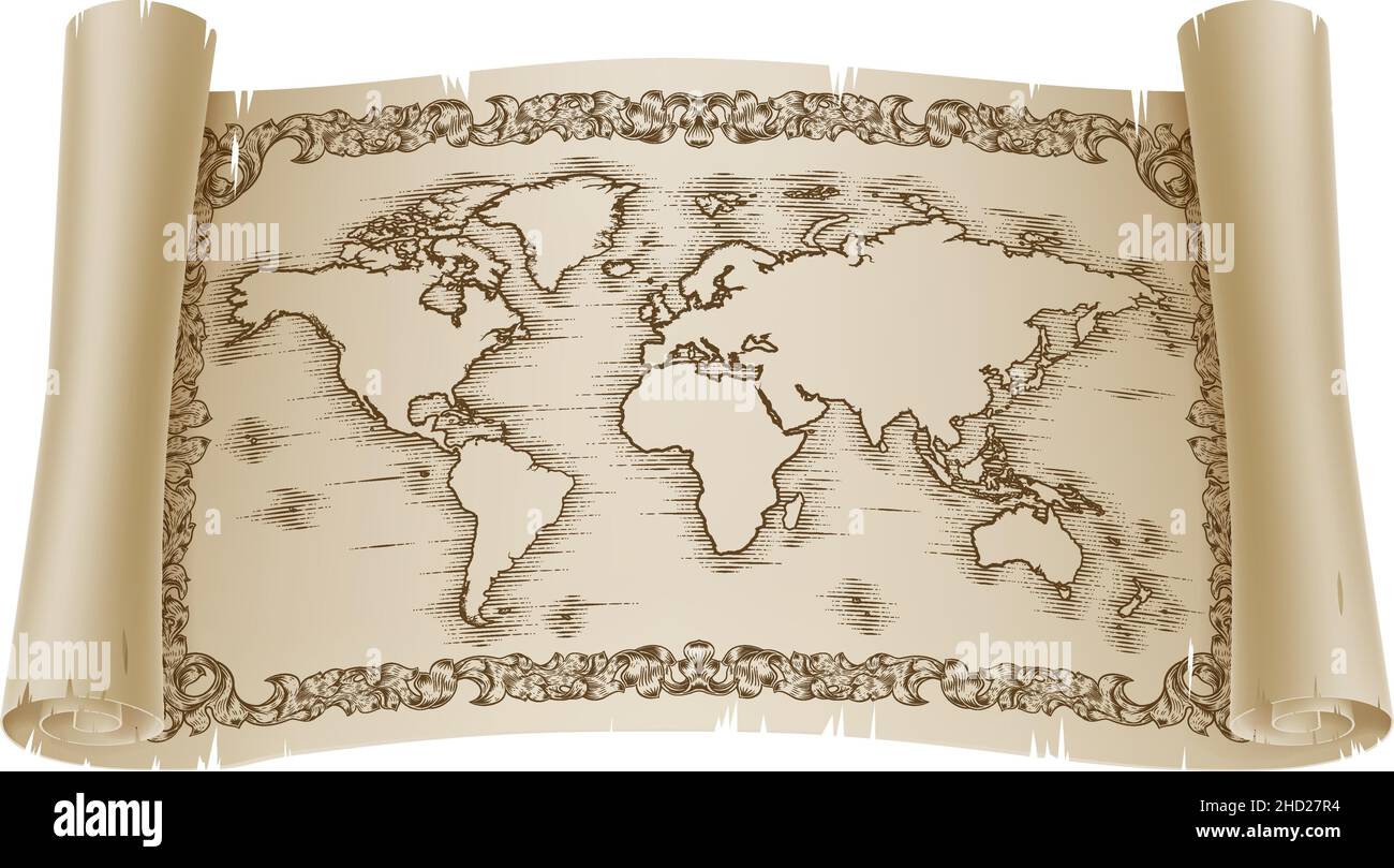 World Map Drawing Old Woodcut Engraved Scroll Stock Vector Image & Art ...