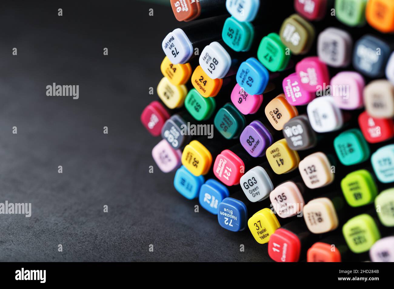 Professional markers for sketching close-ups of different colors. Full ...