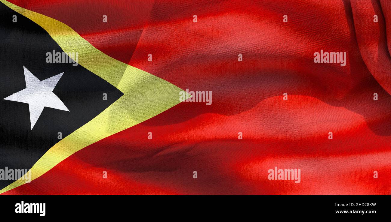 A 3D illustration of the realistic waving fabric flag of East Timor ...