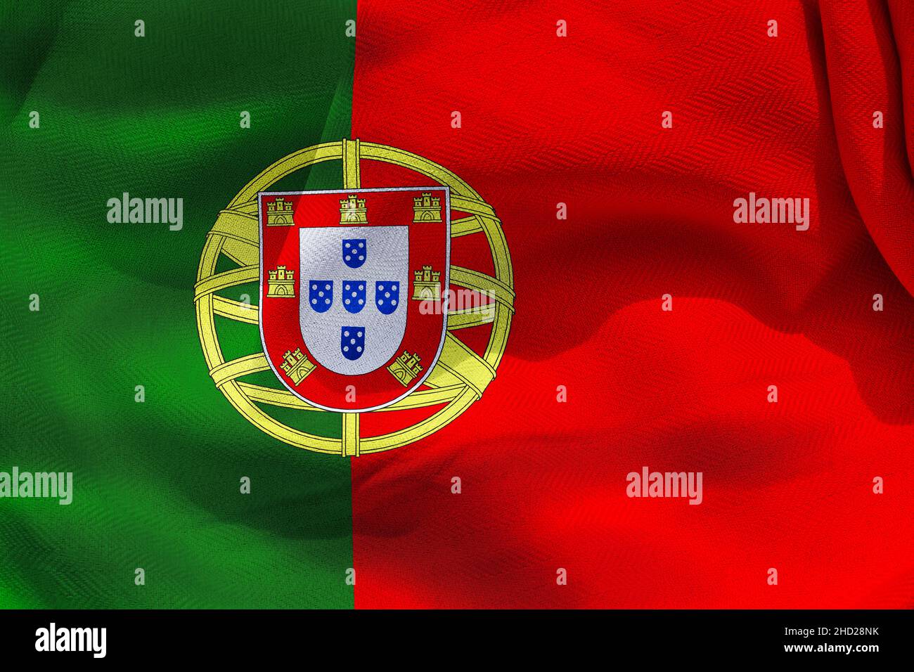 A 3D illustration of the realistic waving fabric flag of Portugal ...
