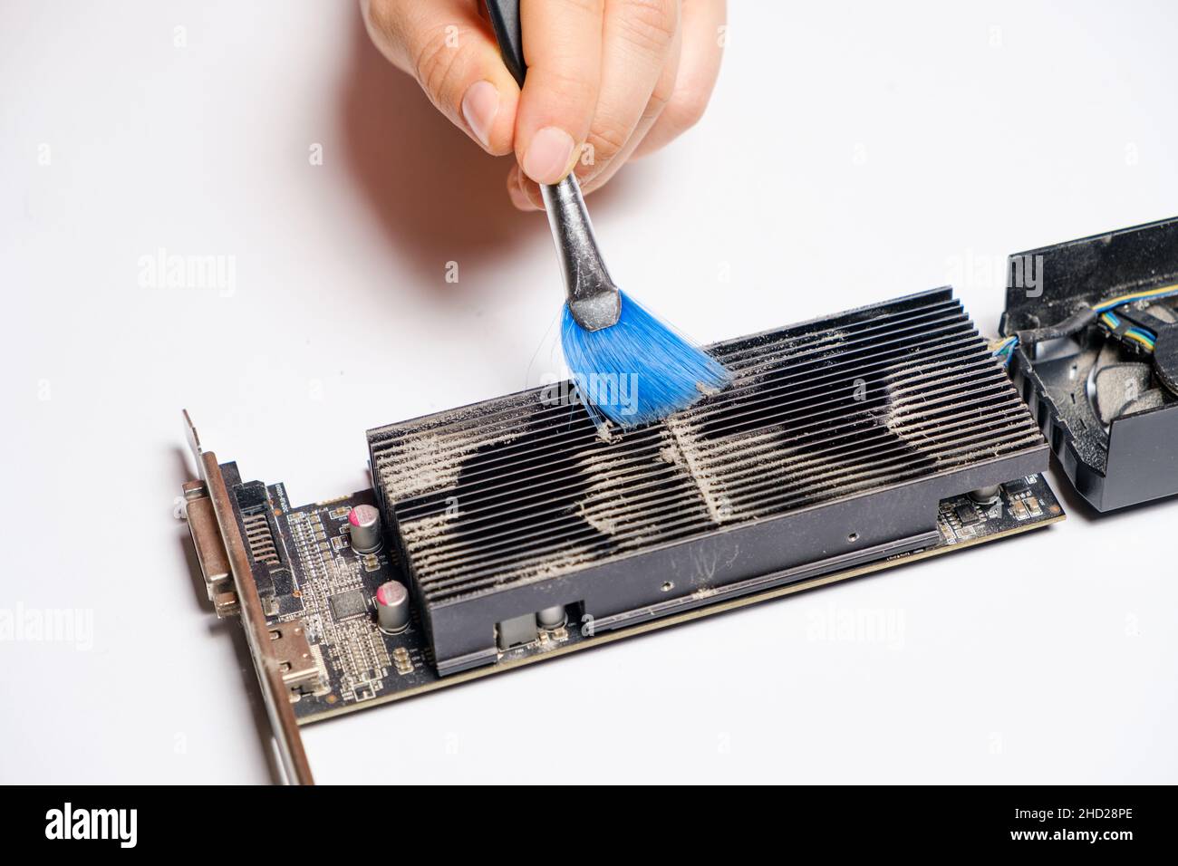 Computer wizard brushes the video card from dust Stock Photo - Alamy