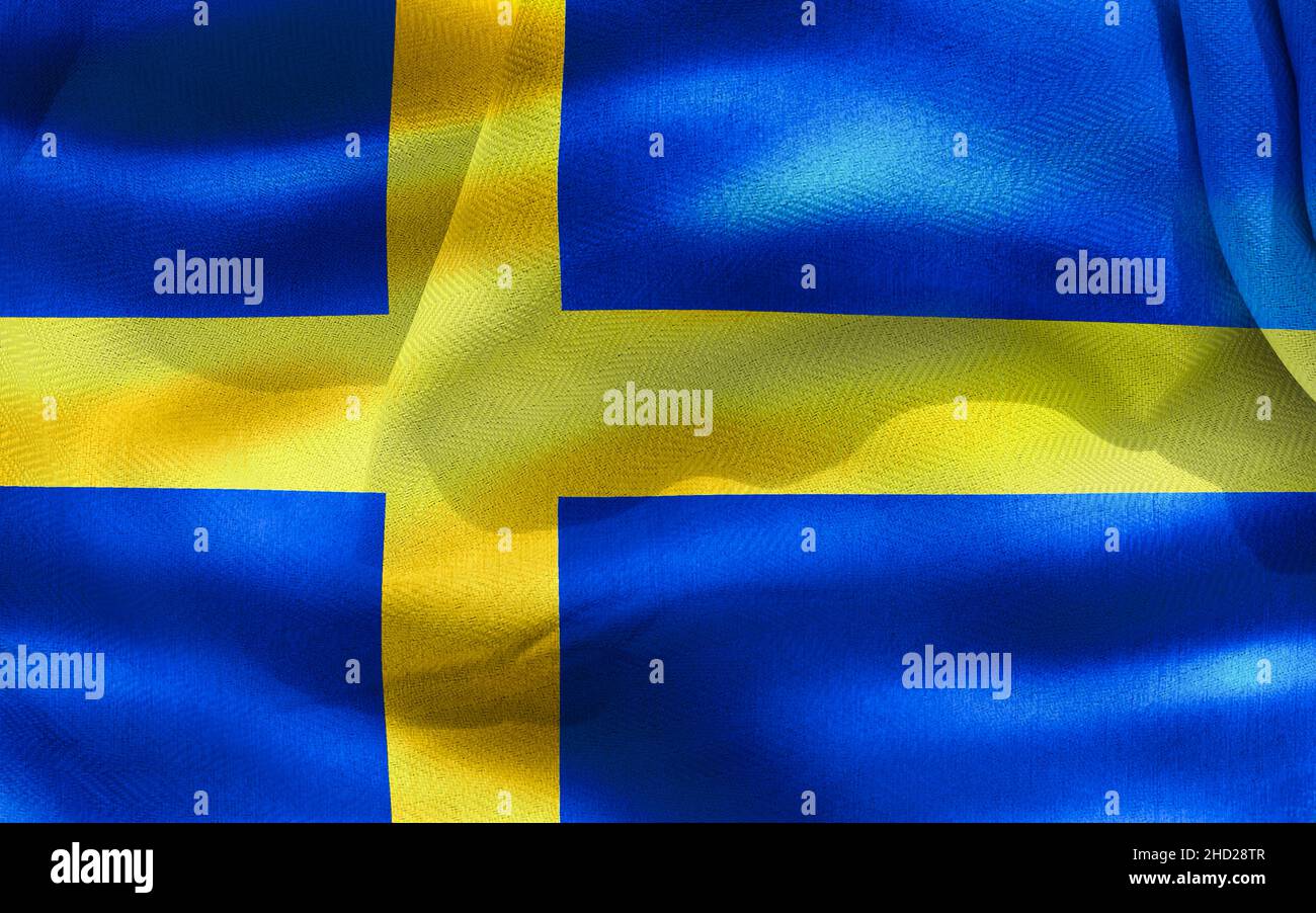 A 3D illustration of the realistic waving fabric flag of Sweden ...