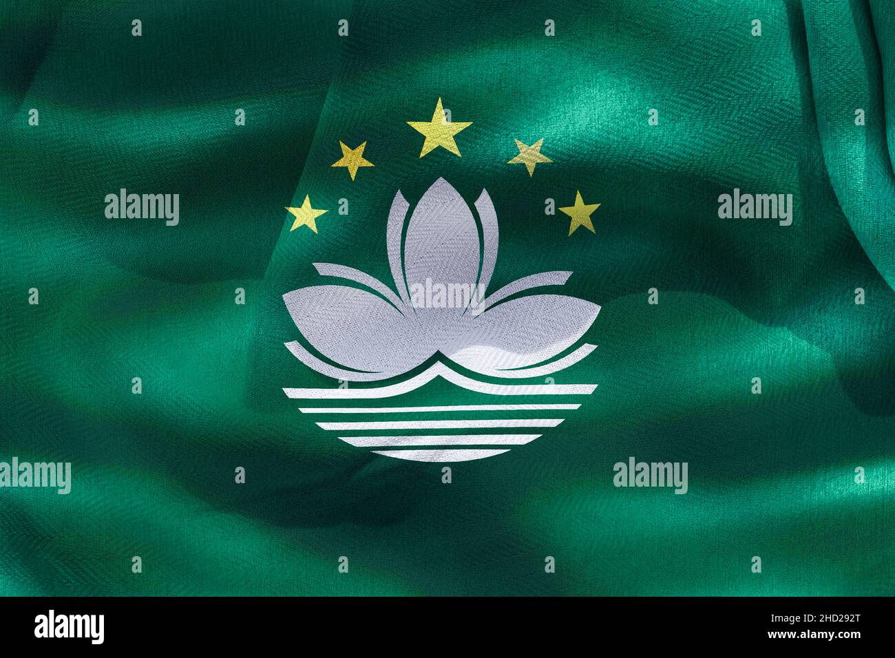 A 3D illustration of the realistic waving fabric flag of Macao ...