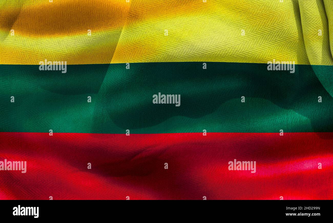 A 3D illustration of the realistic waving fabric flag of Lithuania ...