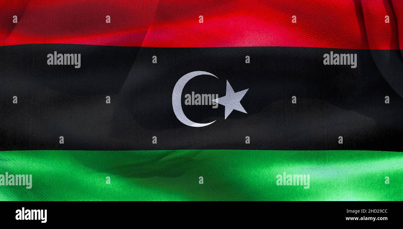 A 3D illustration of the realistic waving fabric flag of Libya ...