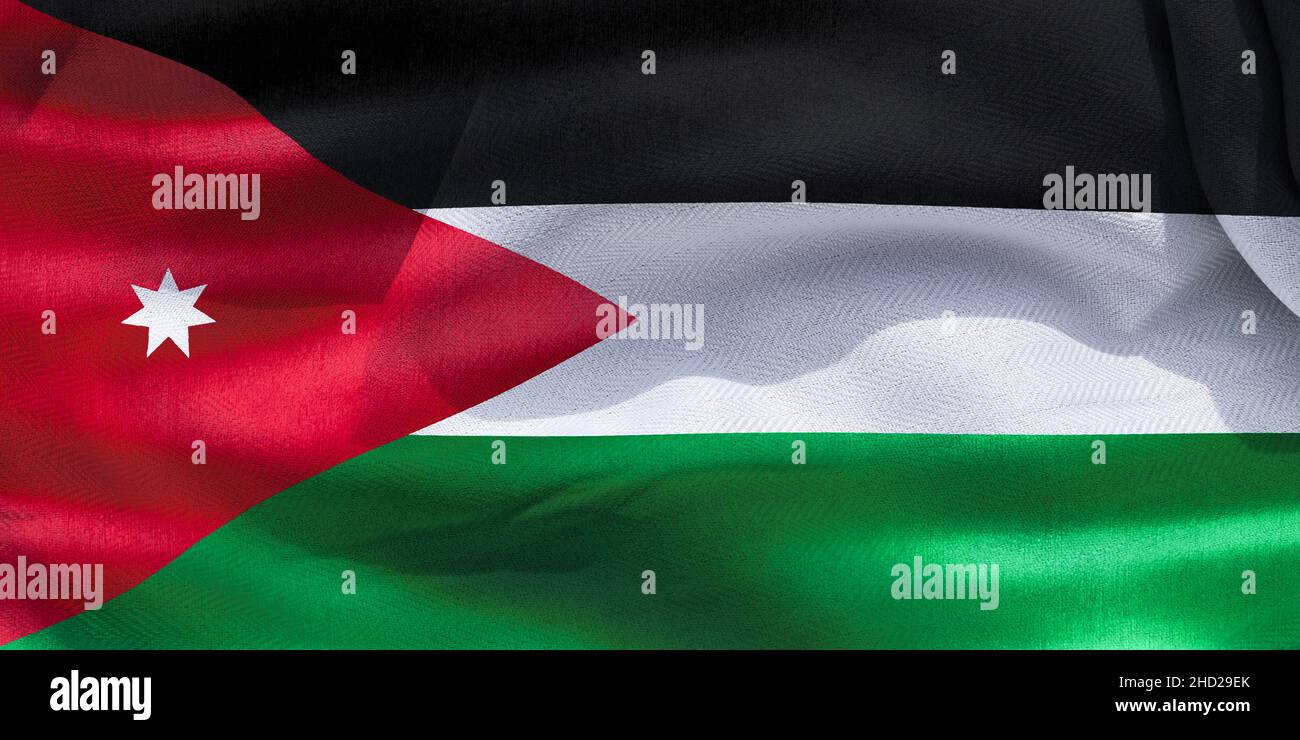 A 3D illustration of the realistic waving fabric flag of Jordan ...