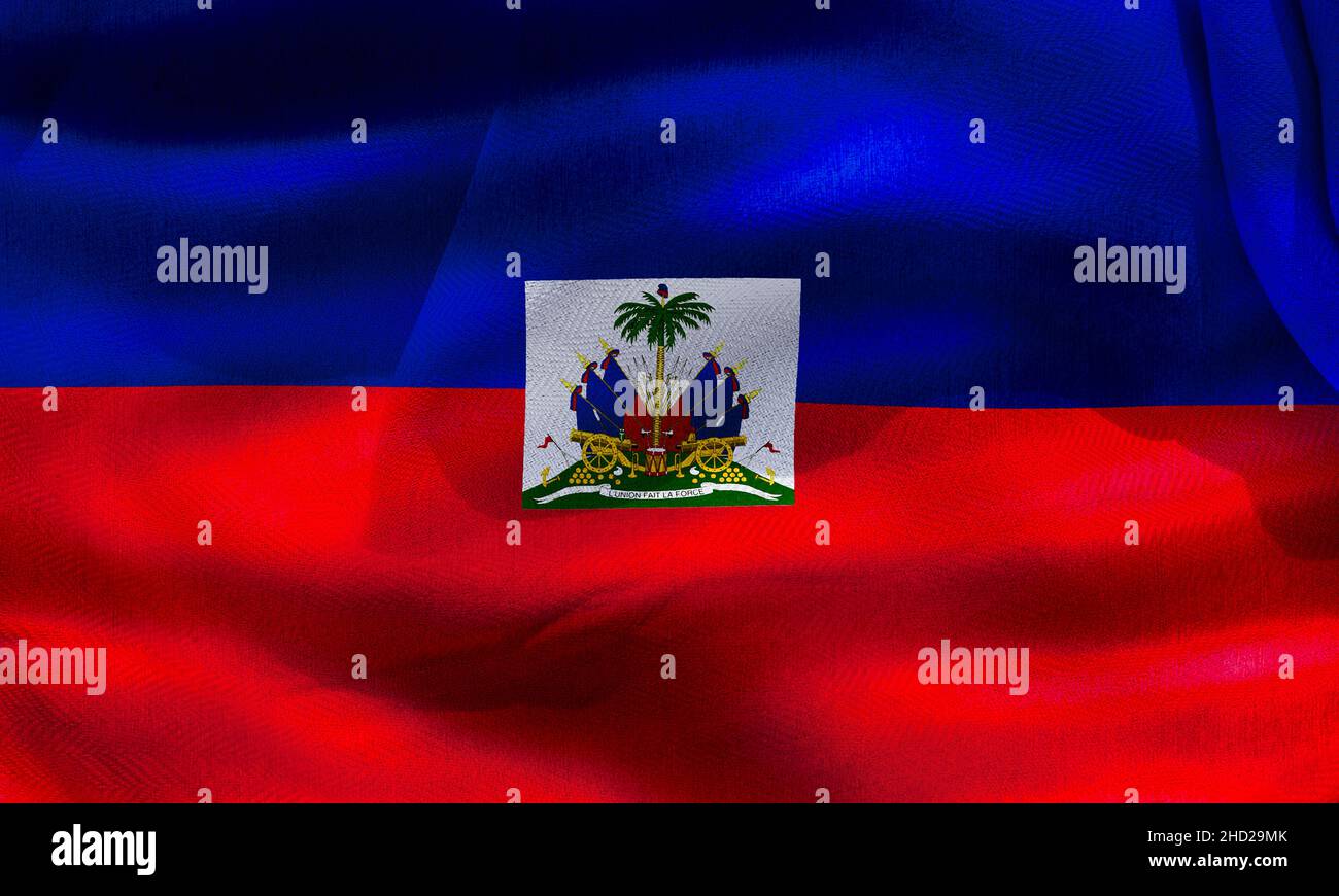 A 3D illustration of the realistic waving fabric flag of Hait ...