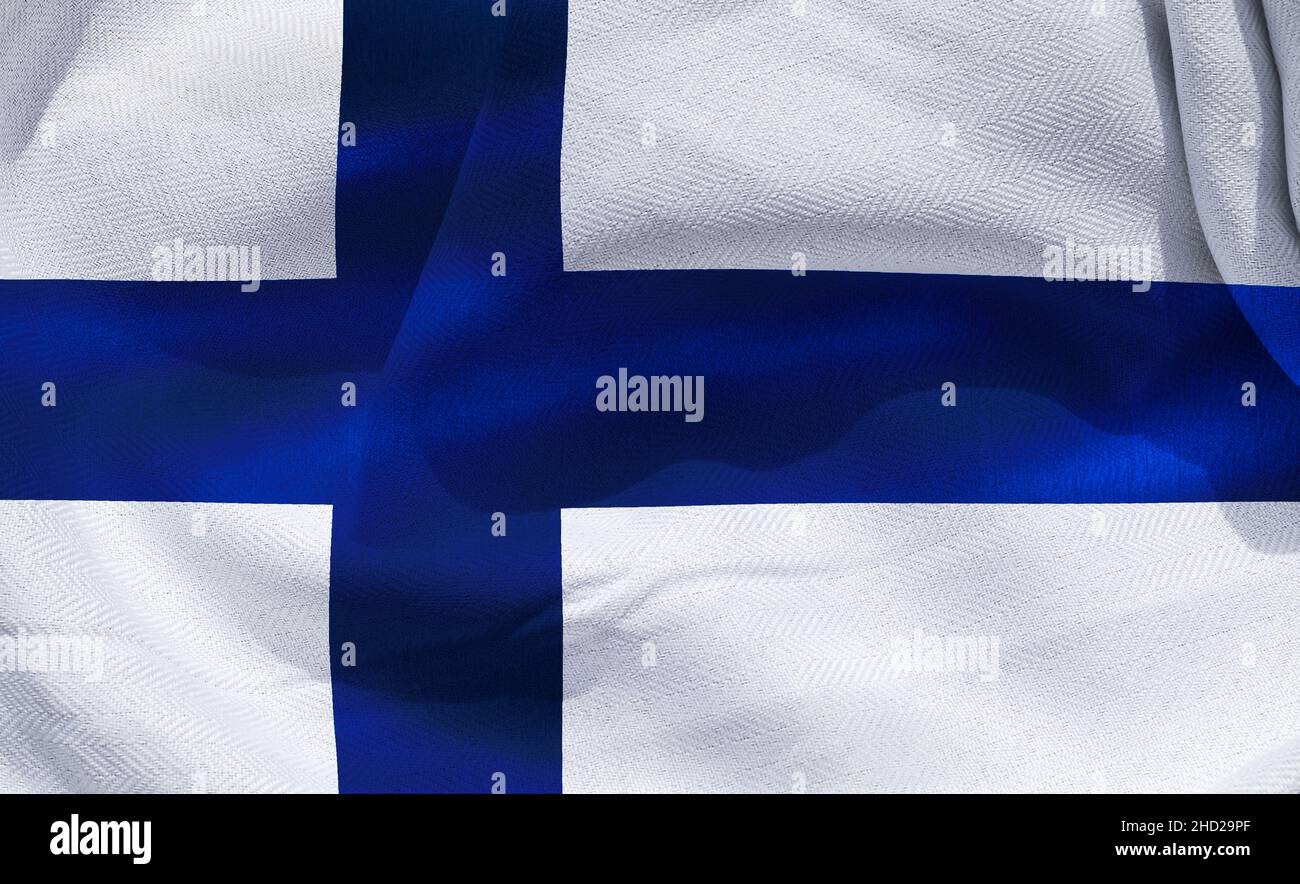 A 3D illustration of the realistic waving fabric flag of Finland ...