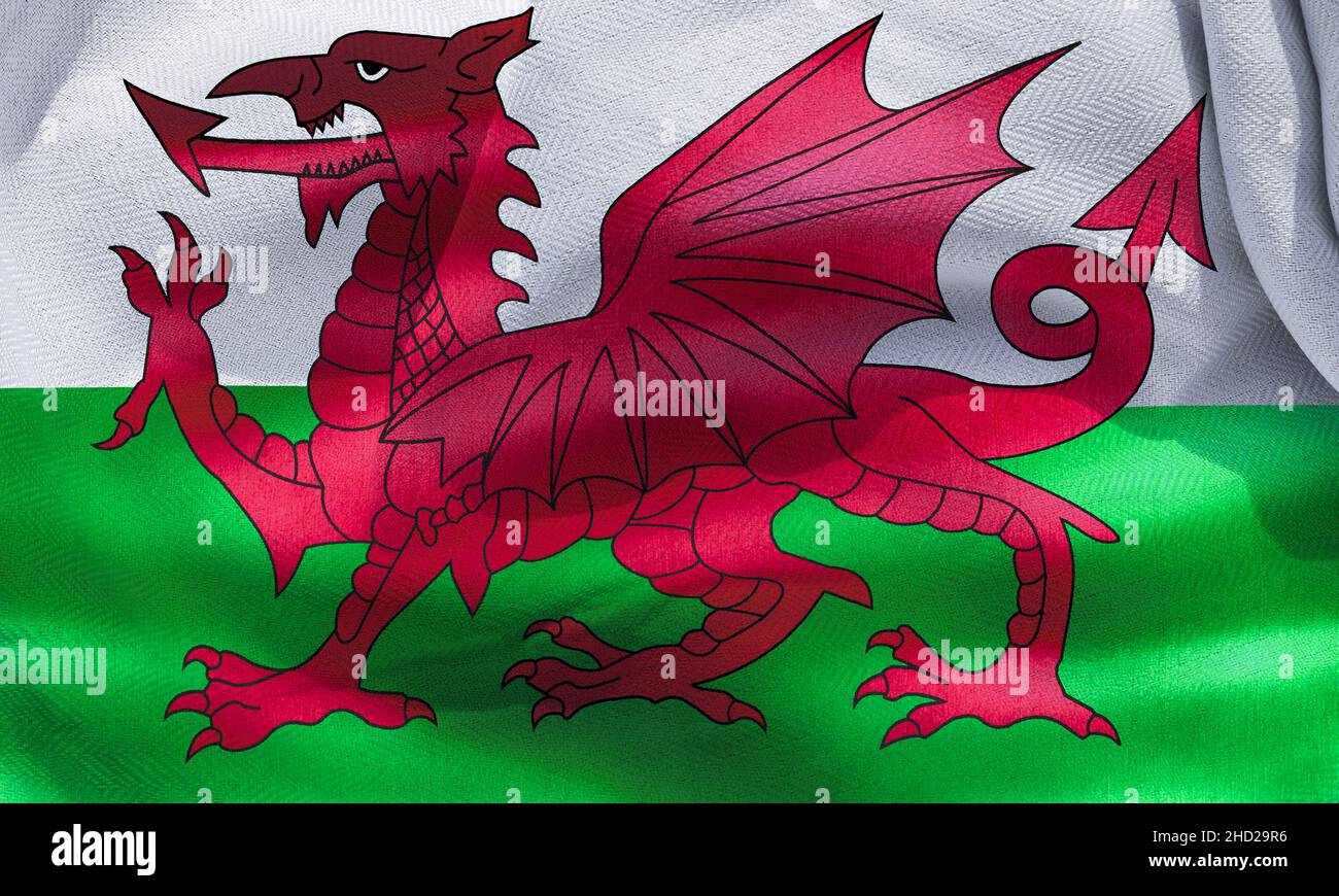 A 3D illustration of the realistic waving fabric flag of Wales ...
