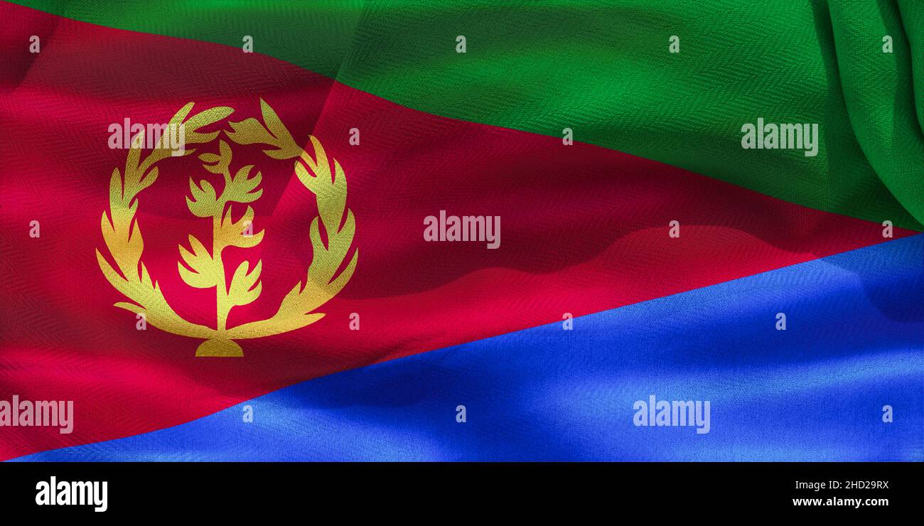 A 3D illustration of the realistic waving fabric flag of Eritr ...
