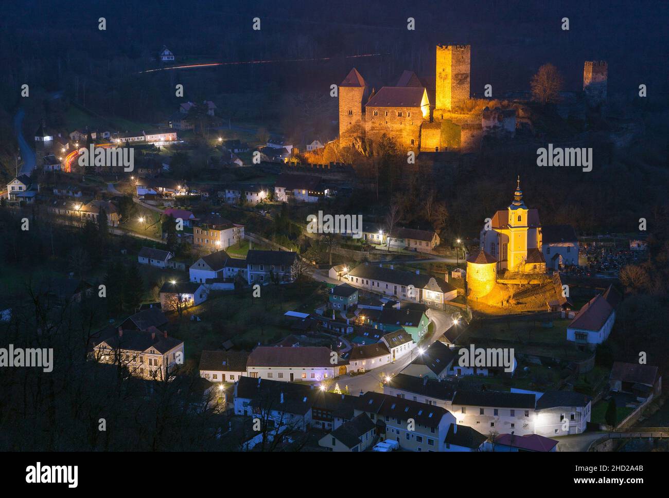 Hardegg Hardeg castle and village,night view, Austria Stock Photo - Alamy