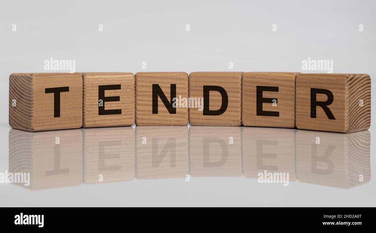 TENDER word on cube blocks on grey white glossy background with ...