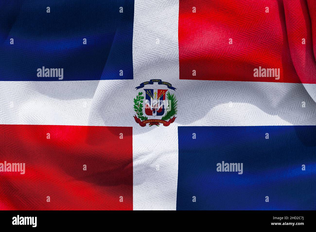 A 3D illustration of the realistic waving fabric flag of the Dominican ...