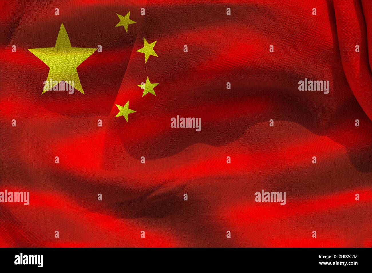 A 3D illustration of the realistic waving fabric flag of China ...