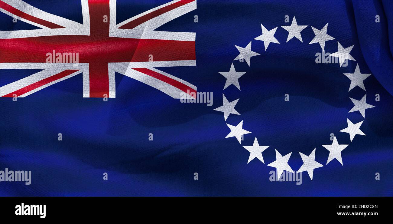 A 3D illustration of the realistic waving fabric flag of Cook Islands ...