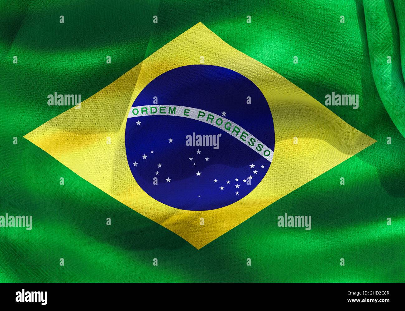 A 3D illustration of the realistic waving fabric flag of Brazil ...