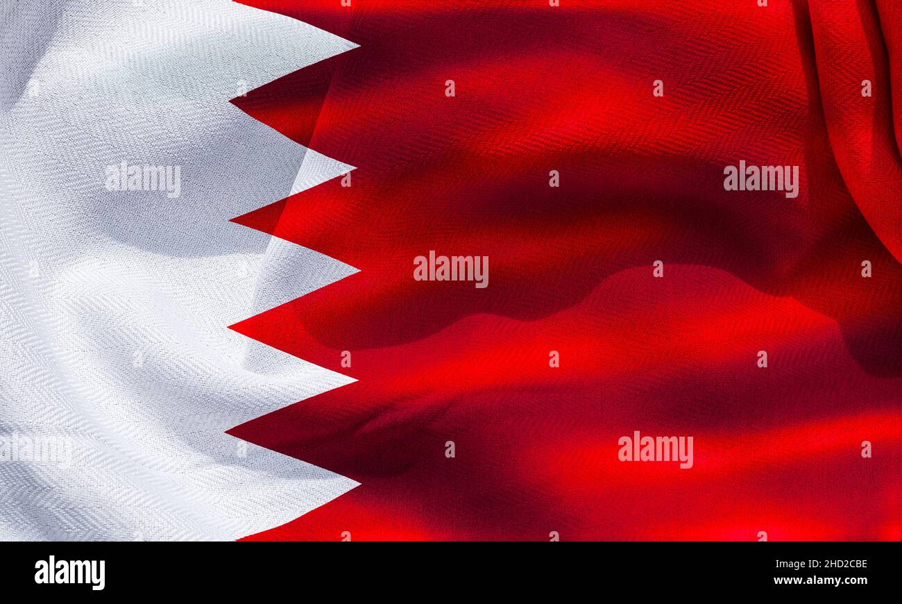 A 3D illustration of the realistic waving fabric flag of Bahrain ...