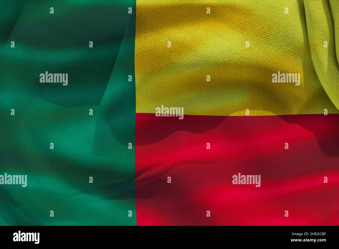 A 3D illustration of the realistic waving fabric flag of Benin ...